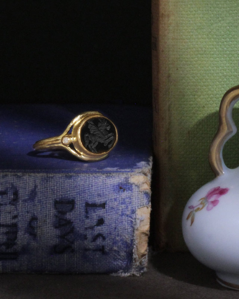 Tyana Ring Onyx Intaglio Diamond Solid Gold